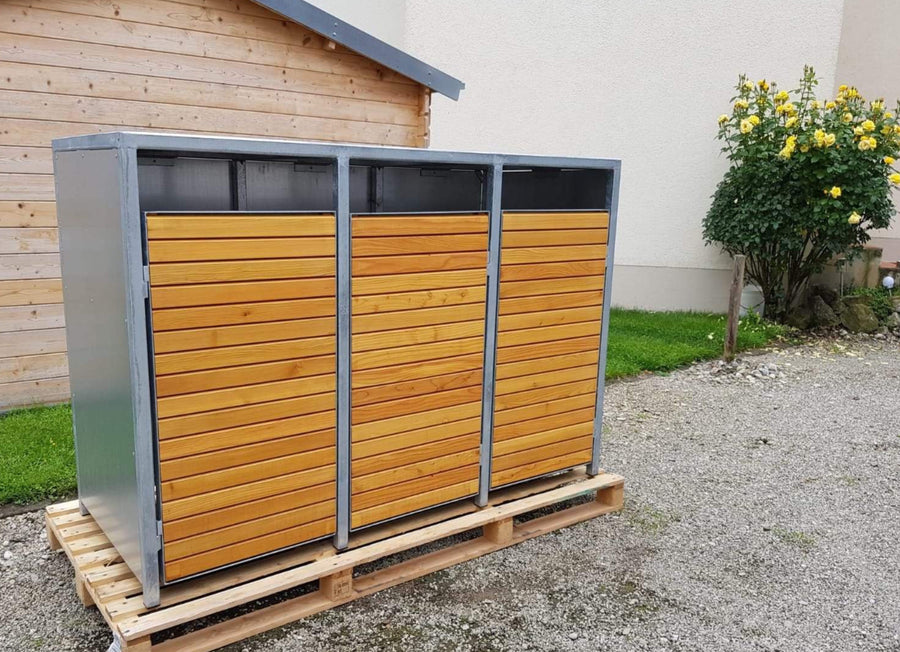 Premium zinc 3-bin garbage bin box with wooden doors – My Muelltonne