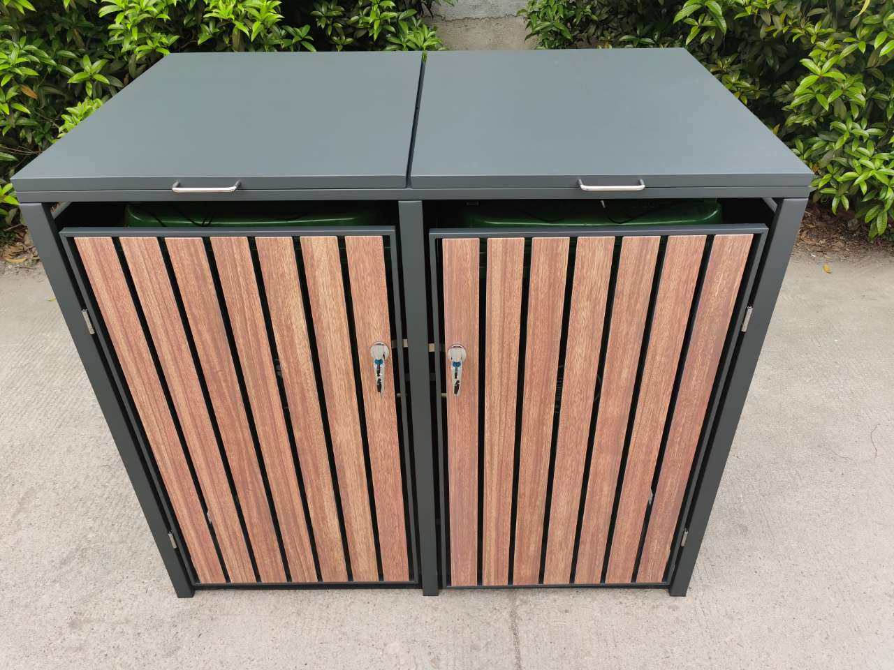 DIY Anthracite garbage bin box with folding roof, walnut look, 2-bin, 3 ...